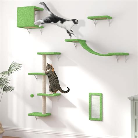 Modern Wall Mounted Cat Furniture 5pcs Cat Wall Shelves Wooden Climber Includes House Bridge