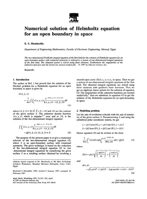 Pdf Numerical Solution Of Helmholtz Equation For An Open Boundary In