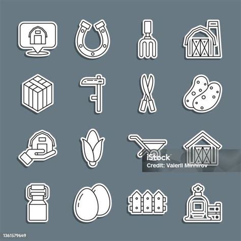 세트 라인 전체 자루와 나무 상자 농장 집 감자 정원 레이크 낫 건초베일 위치 농장 및 원예 수제 가위 아이콘 벡터 가득 찬에