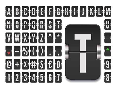 증권 환율 또는 목적지 벡터 일러스트레이션을 위한 숫자가 포함된 검은색 터미널 기계식 스코어보드 글꼴 공항 플립 보드 비행 출발 정보용 굵은 알파벳 프리미엄 벡터