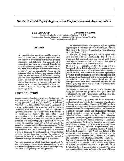 Pdf On The Acceptability Of Arguments In Preference Based Argumentation