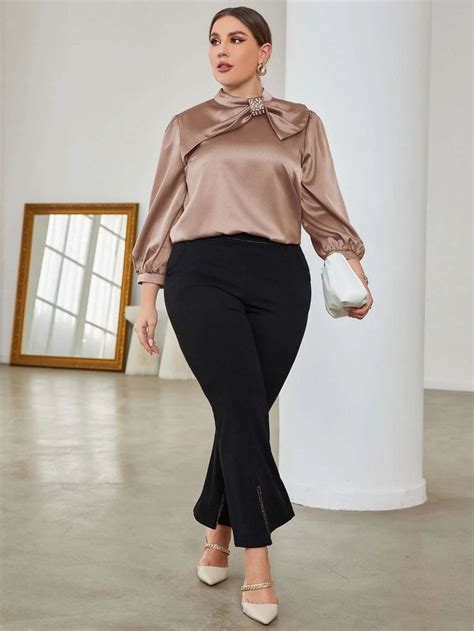 Plus Bow Front Pearl Detail Satin Blouse Shein Usa
