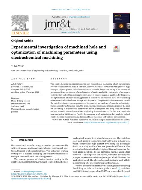 Pdf Experimental Investigation Of Machined Hole And Optimization Of Machining Parameters Using