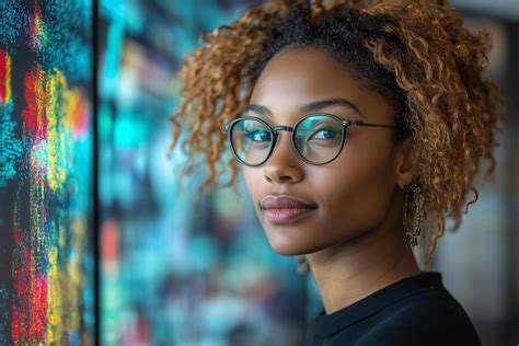 Portrait Of A Woman With Glasses In Front Of A Screen Showing Data