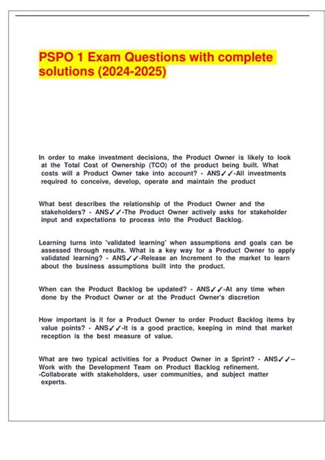 Pspo 1 Exam Questions With Complete Solutions Pspo Stuvia Us