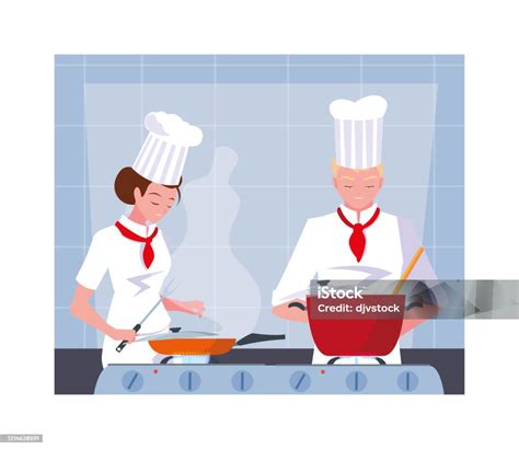 몇 명의 사람들이 요리 흰색 유니폼을 입은 요리사 부부 가정 주방에 대한 스톡 벡터 아트 및 기타 이미지 가정 주방 가정의 방 가축 Istock