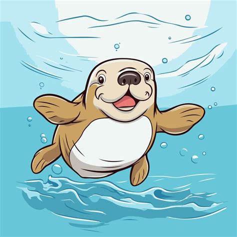 Cute Phoque Nageant Dans La Mer Illustration Vectorielle Dun Phoque De Dessin Animé Vecteur