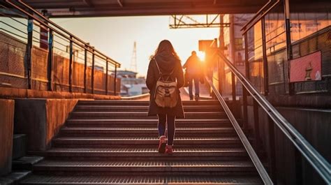 Premium Photo Generative Ai Of A Woman Ascending The Steps To The Train Station