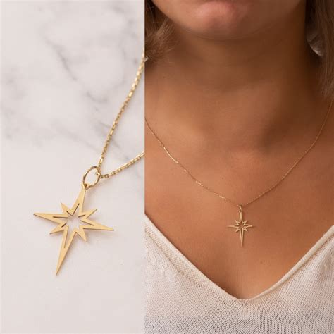 14k Solid Gold Northern Star Necklace North Star Pendant Etsy