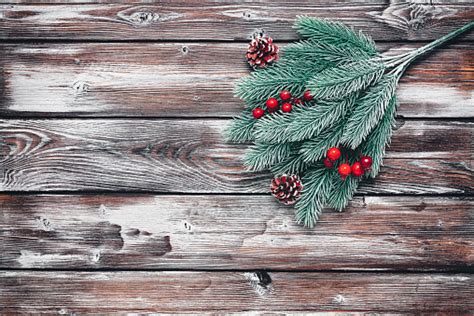 오래된 어두운 나무 테이블에 홀리 베리와 콘 장식 가문비 나무 분기 크리스마스 구성 상단 보기 플랫 레이 0명에 대한 스톡 사진 및 기타 이미지 Istock