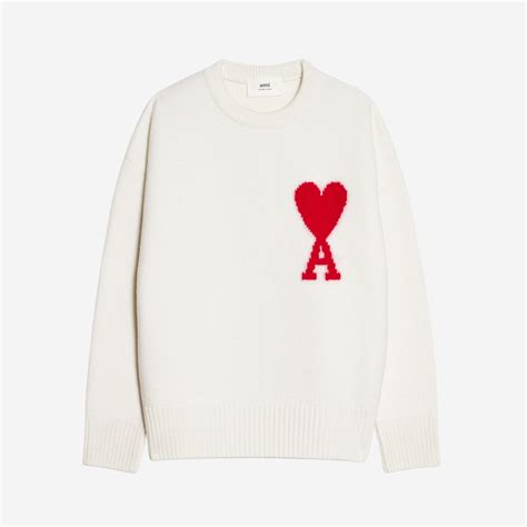 아미 빅 하트 로고 오버사이즈 인타르시아 스웨터 오프 화이트 레드 Ami Kream