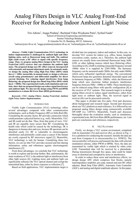 Pdf Analog Filters Design In Vlc Analog Front End Receiver For Reducing Indoor Ambient Light Noise