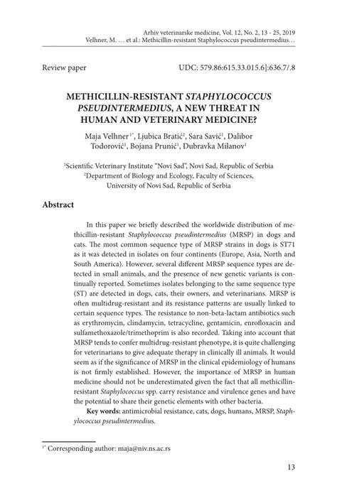 Pdf Methicillin Resistant Staphylococcus Pseudintermedius A New Threat In Human And