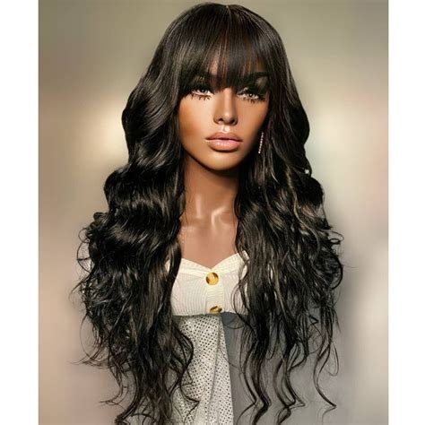 Black Long Straight Wig With Bangs Synthetic Hair Grandado