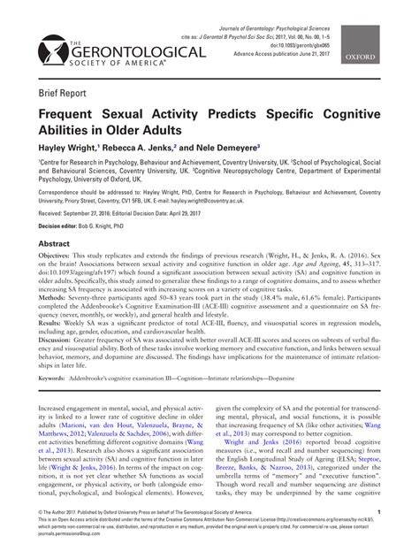 Pdf Frequent Sexual Activity Predicts Specific Cognitive Abilities In Older Adults