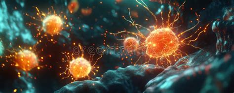 Microscopic View Of Glowing Cells With Intricate Structures In A Vibrant Environment Stock Image