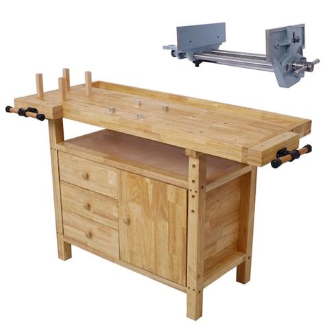 Cesicia 55 In W Wooden Outdoor Dining Table Workbench With Rapid Action Woodworking Vise 7 In