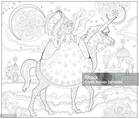 동화나라 왕국에서 유니콘을 타고 있는 판타지 요정 어린이와 성인을 위한 색칠하기 책 선 탱글 스타일의 그림 그림과 명상을 위한 인쇄 가능한 페이지입니다 흑백 벡터입니다 검은