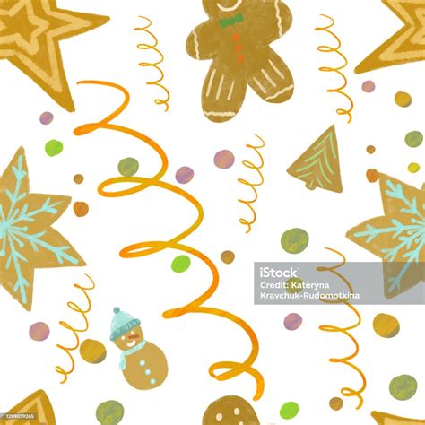 크리스마스 모양의 생강 비스킷 황금 색조 흰색 배경에 뱀이있는 매끄러운 패턴 손 그리기 휴일 요리 포장 벽지 직물 엽서 고정 음식 0명에 대한 스톡 벡터 아트 및 기타