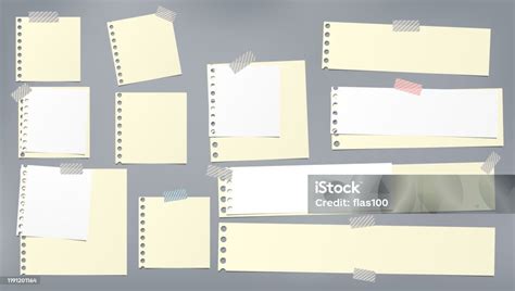 흰색과 노란색 노트 세트 어두운 회색 배경에 끈적 끈적한 테이프가 붙어 노트북 종이 조각 벡터 일러스트레이션 0명에 대한 스톡