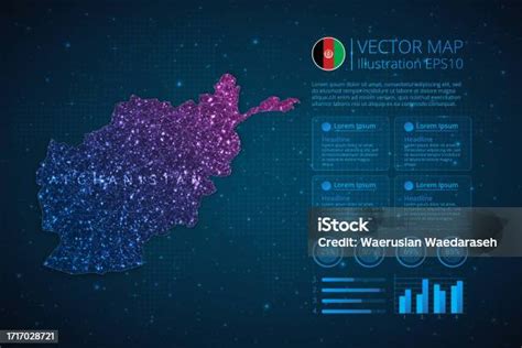 아프가니스탄 지도 인포그래픽 템플릿은 다이어그램 그래프 프리젠테이션 및 파란색 배경에 추상적인 기하학적 메쉬 다각형 조명 개념이 있는 차트입니다 0명에 대한 스톡 벡터 아트