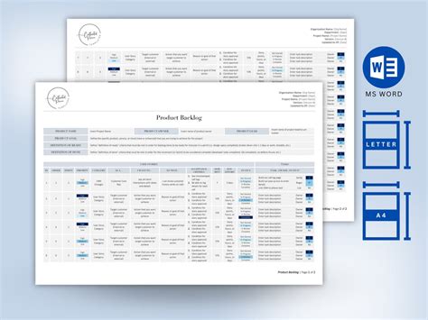 Product Backlog Template Agile Project Template User Story Template Product Owner Template