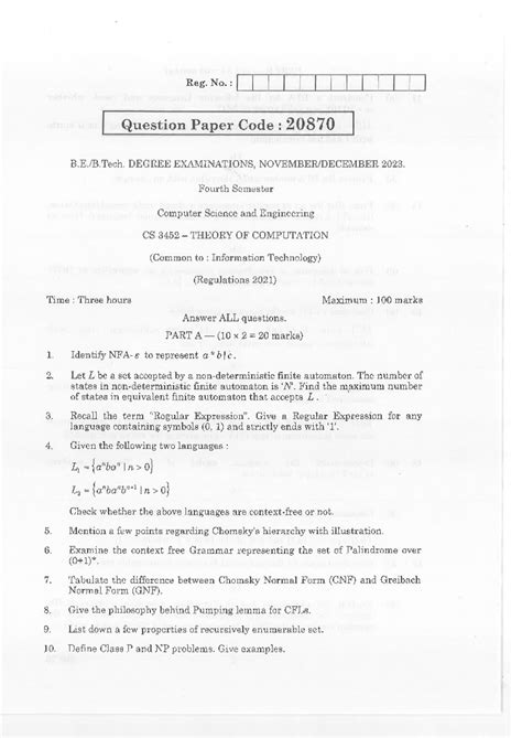 Cse Nd 2023 Cs 3452 Theory Of Computation 910346661 20870 Reg No