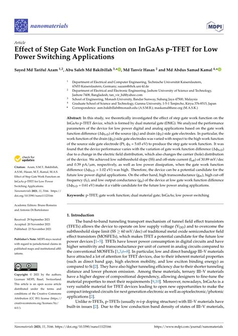 Pdf Effect Of Step Gate Work Function On Ingaas P Tfet For Low Power Switching Applications