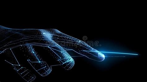 Human Hand Touching Hologram Screen With Finger With Glowing Polygonal Wireframe On Dark