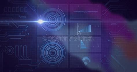 Graphs And Circular Patterns Over Digital Interface With Futuristic Animation Background Stock
