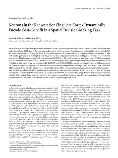 PDF Neurons In The Rat Anterior Cingulate Cortex Dynamically Encode Cost Benefit In A Spatial