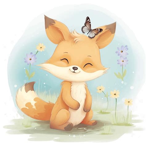 Premium Vector Fox On The Lawn With Butterfly