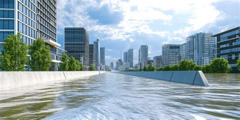 A Flood Barrier System In Action Protecting A Densely Populated City From Rising Water Levels