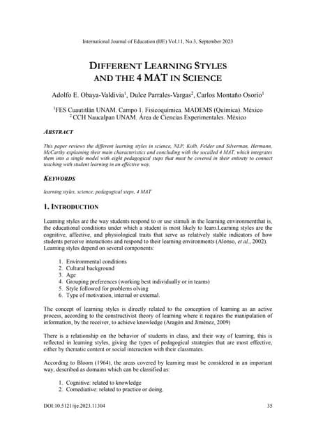 Different Learning Styles And The 4 Mat In Science Pdf