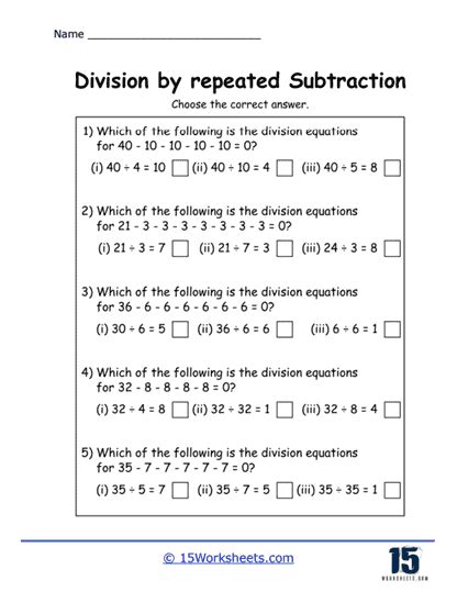 Repeated Subtraction Worksheets 3rd