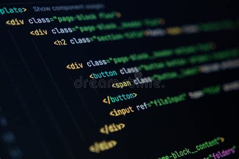 Close Up Of Computer Screen With Colorful Html Code Focus On Div And Button Elements Web