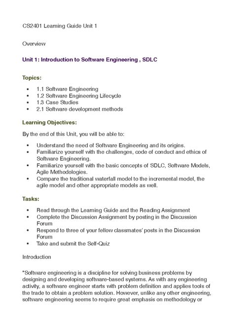 Cs2401 Software Engineering 1 Learning Guide Unit 1 Cs2401 Learning Guide Unit 1 Overview Unit