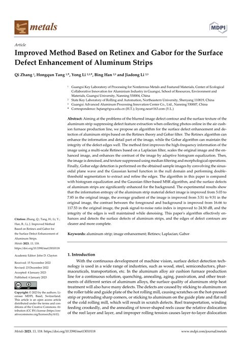 Pdf Improved Method Based On Retinex And Gabor For The Surface Defect Enhancement Of Aluminum