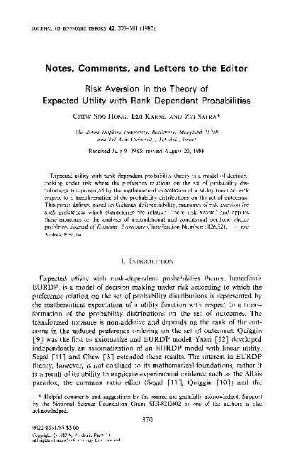 Pdf Risk Aversion In The Theory Of Expected Utility With Rank Dependent Preferences Edi