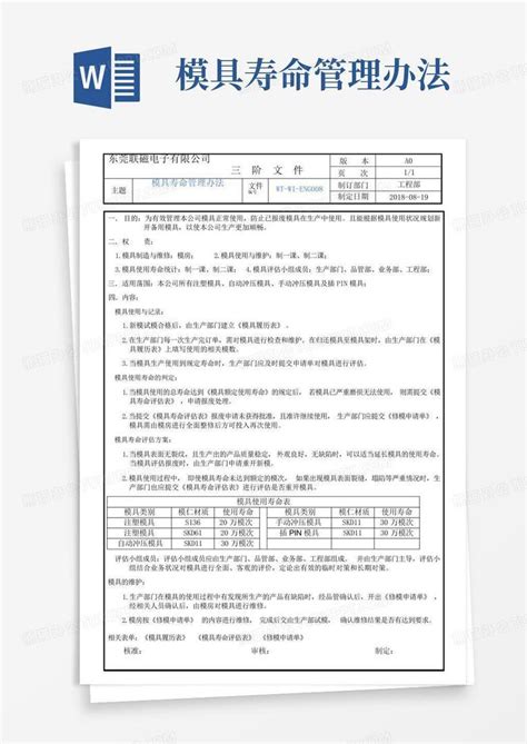 模具寿命管理办法Word模板下载 编号lrwyrmkx 熊猫办公