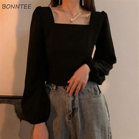 여성용 스퀘어 칼라 퍼프 슬리브 티셔츠 세련된 프렌치 스타일 빈티지 가을 의류 디자인 인기 스트리트웨어 봄