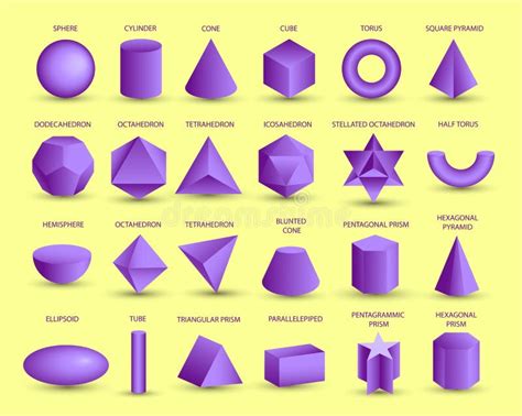 Vector Realistic 3d Purple Geometric Shapes Isolated On Yellow Background Maths Geometrical