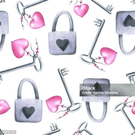 하트 모양의 열쇠 구멍이있는 자물쇠와 분홍색 하트 열쇠 고리와 구슬이 달린 열쇠 수채화 그림입니다 흰색 바탕에 매끄러운 패턴이
