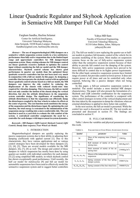 Pdf Linear Quadratic Regulator And Skyhook Application In Semiactive Mr Damper Full Car Model