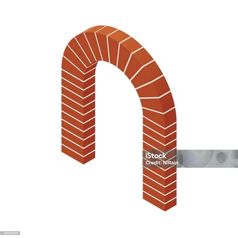 흰색 배경에 격리 된 벡터 일러스트 레드 브릭 아치 등각 보기의 석조 아이콘입니다 플랫 스타일의 다채로운 등색 돌 건축 아치 등분 성 벡터 그림입니다 만화 게이트에 대한