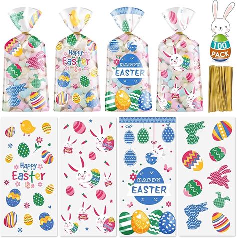 100 Pcs Easter Treat Bags Happy Easter T Bag Easters Eggs Plastic Cellophane