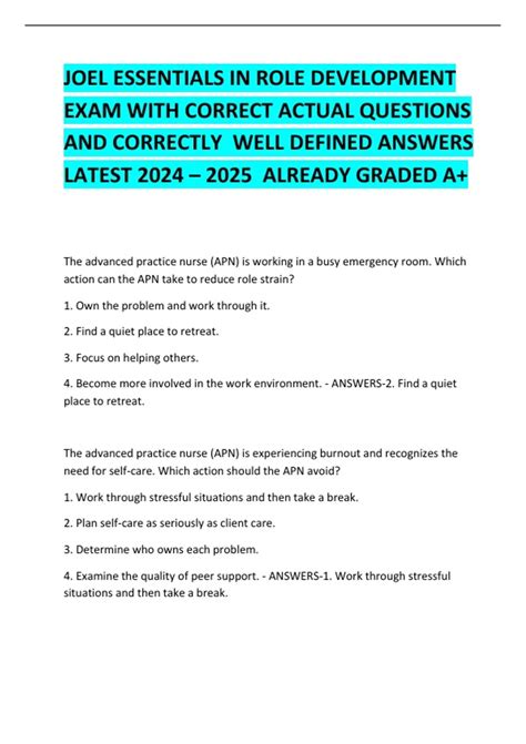 Joel Essentials In Role Development Exam With Correct Actual Questions And Correctly Well