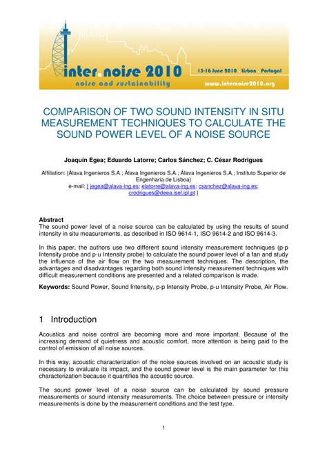 Pdf Comparison Of Two Sound Intensity In Situ Measurement Techniques