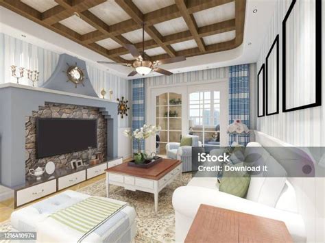 3d 렌더링 소파 커피 테이블 장식 그림 등이있는 파란색 지중해 스타일의 집에서 넓은 거실 디자인 0명에 대한 스톡 사진 및 기타 이미지 Istock