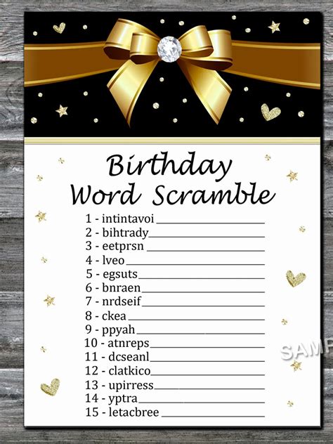 Golden Bow Birthday Word Scramble Game Adult Birthday Party Game Fun